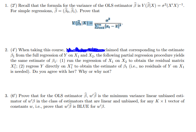 Solved Recall that the formula for the variance of the OLS | Chegg.com