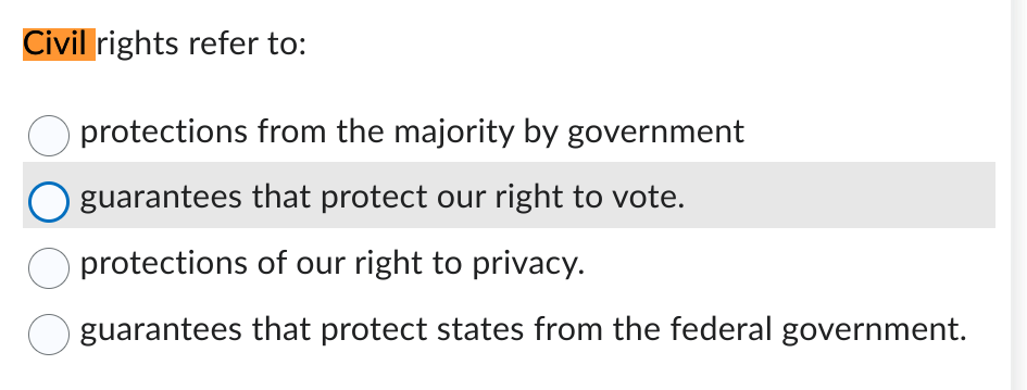 Solved Civil rights refer to:protections from the majority | Chegg.com