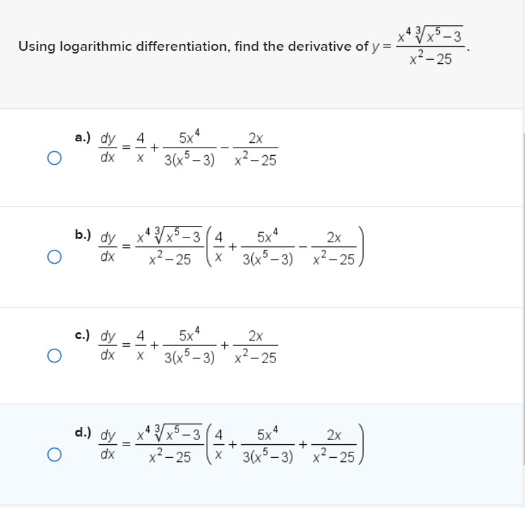 Solved Using logarithmic differentiation, find the | Chegg.com