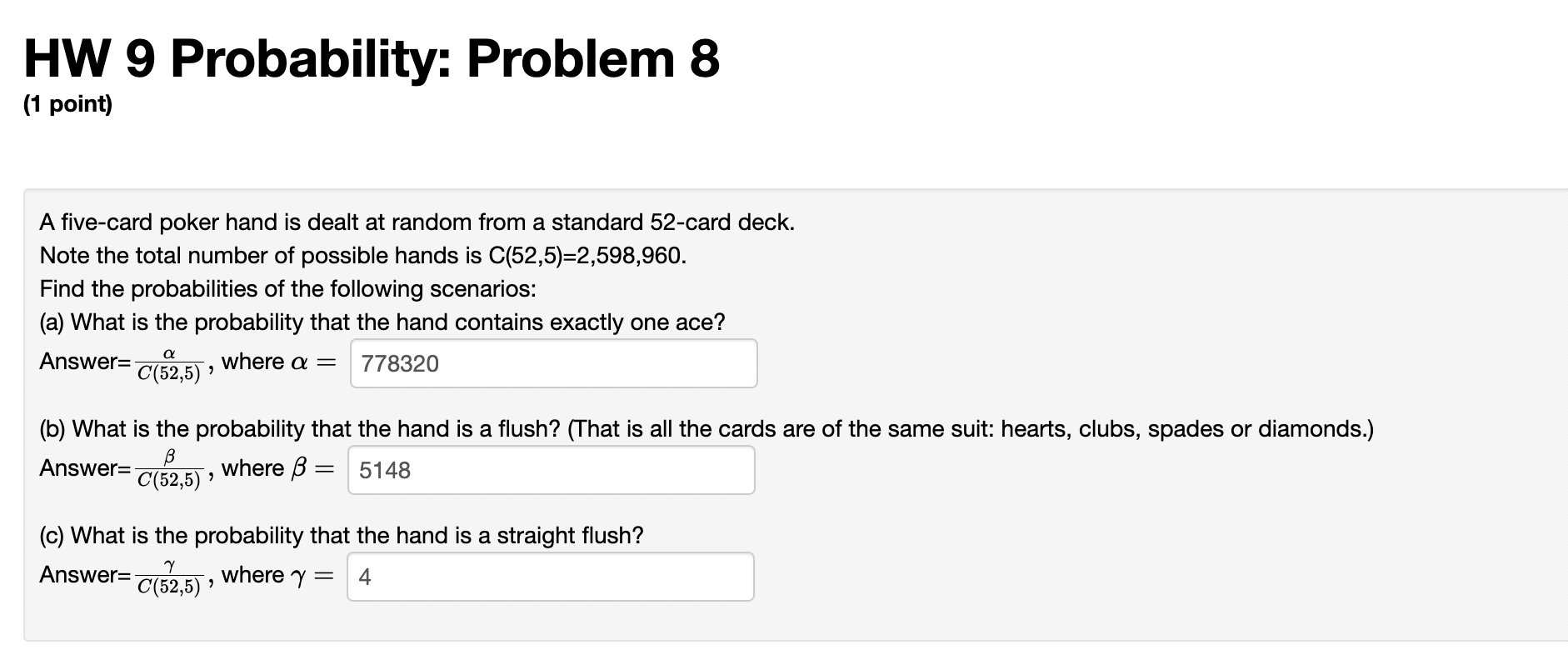 Solved HW 9 Probability: Problem 8 (1 point) A five-card | Chegg.com