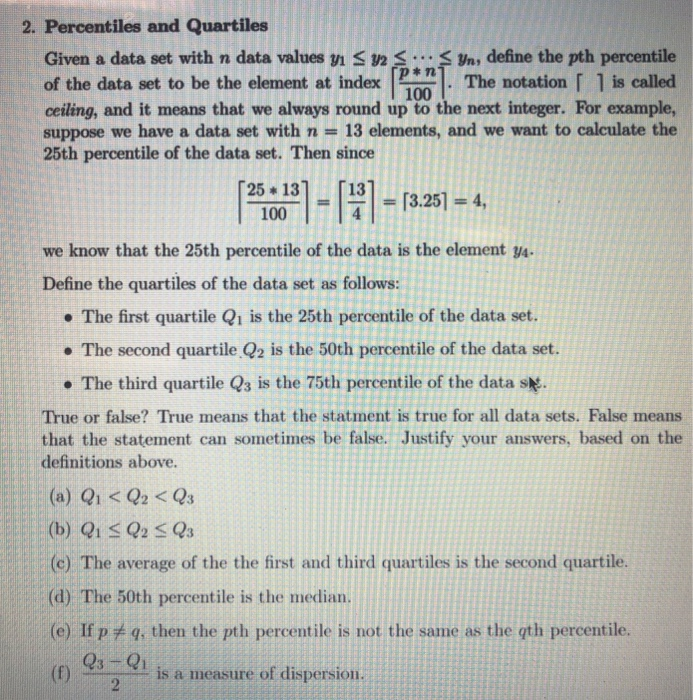 Solved 2. Percentiles and Quartiles Given a data set with n | Chegg.com