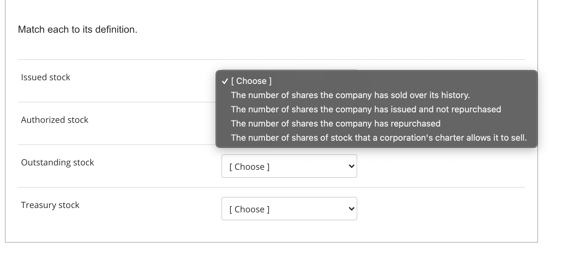 Solved Match each to its definition. Issued stock [Choose | Chegg.com