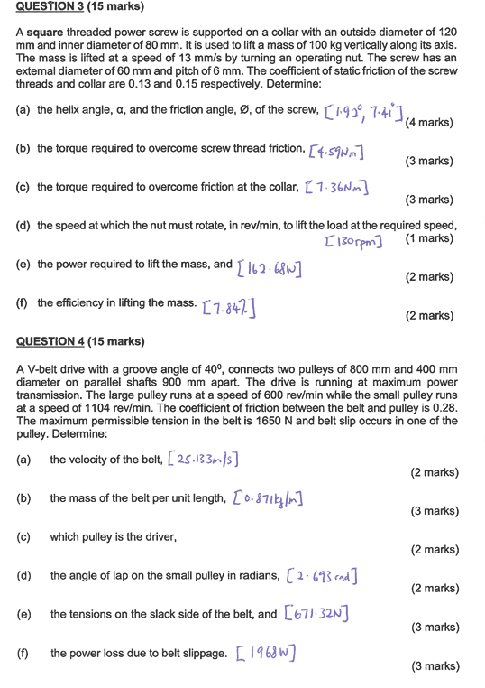 QUESTION 3 (15 ﻿marks)A square threaded power screw | Chegg.com