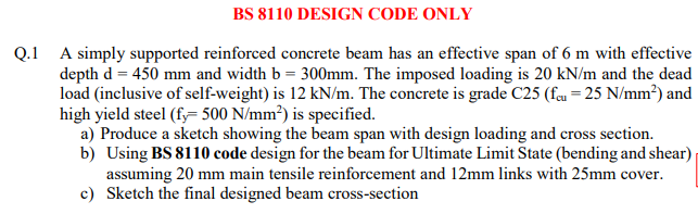 Solved BS 8110 DESIGN CODE ONLY Q.1 A simply supported | Chegg.com
