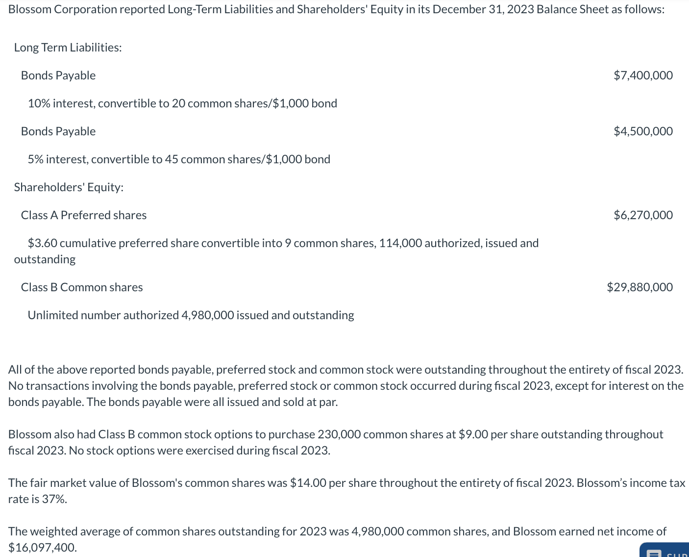Solved Blossom Corporation reported Long-Term Liabilities | Chegg.com