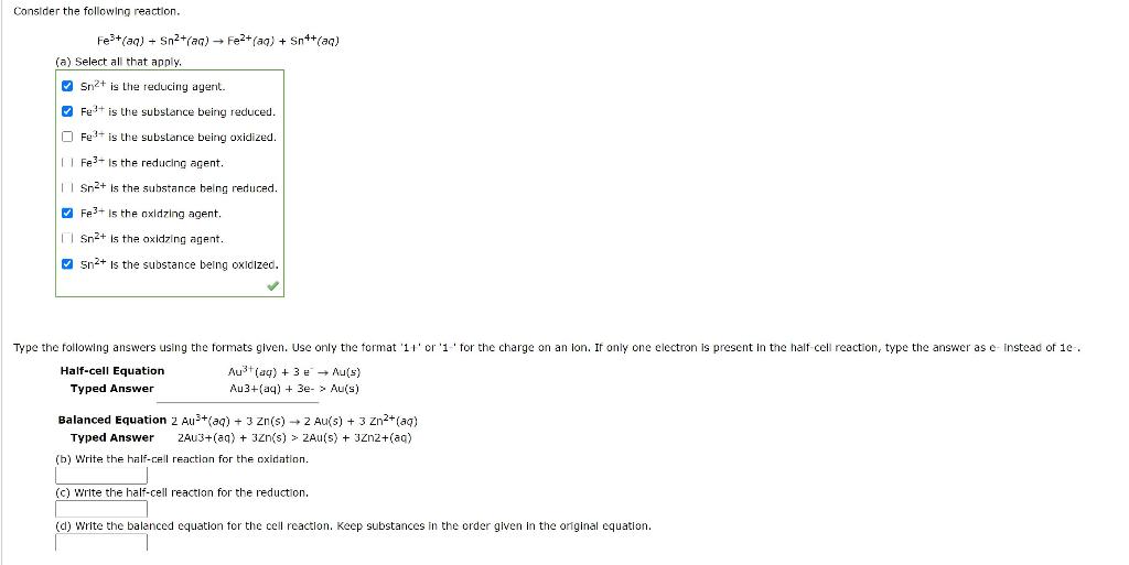 Solved Consider the following reaction. Fe3+ (aq) + Sn2+(aq) | Chegg.com
