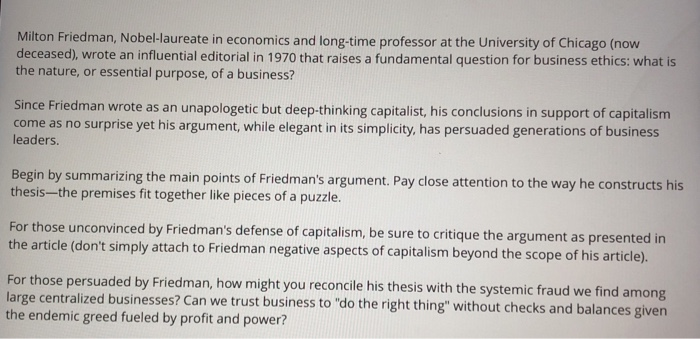 Solved Milton Friedman, Nobel-laureate in economics and | Chegg.com