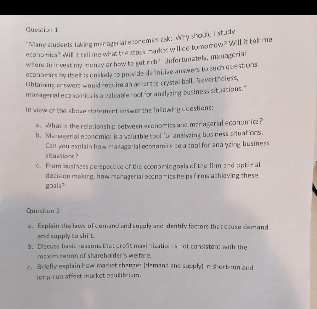 Solved Question 1 "Many students taking managerial economics | Chegg.com