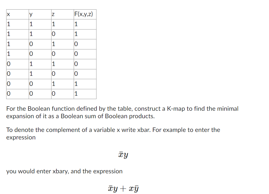 Solved For the Boolean function defined by the table, | Chegg.com