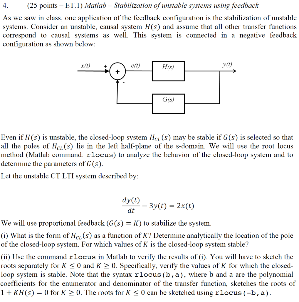 (25 points ET.1) Matlab - Stabilization of unstable | Chegg.com