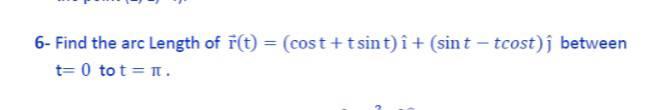 Solved 6- Find the arc Length of Ft) = (cost+tsint)i + (sint | Chegg.com