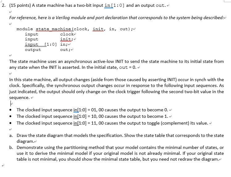2. (15 points) A state machine has a two-bit input | Chegg.com