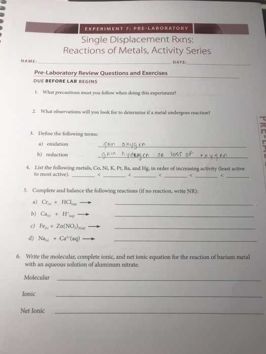 Solved EXPERIMENT 7: PRE-LABORATORY Single Displacement Rxns | Chegg.com