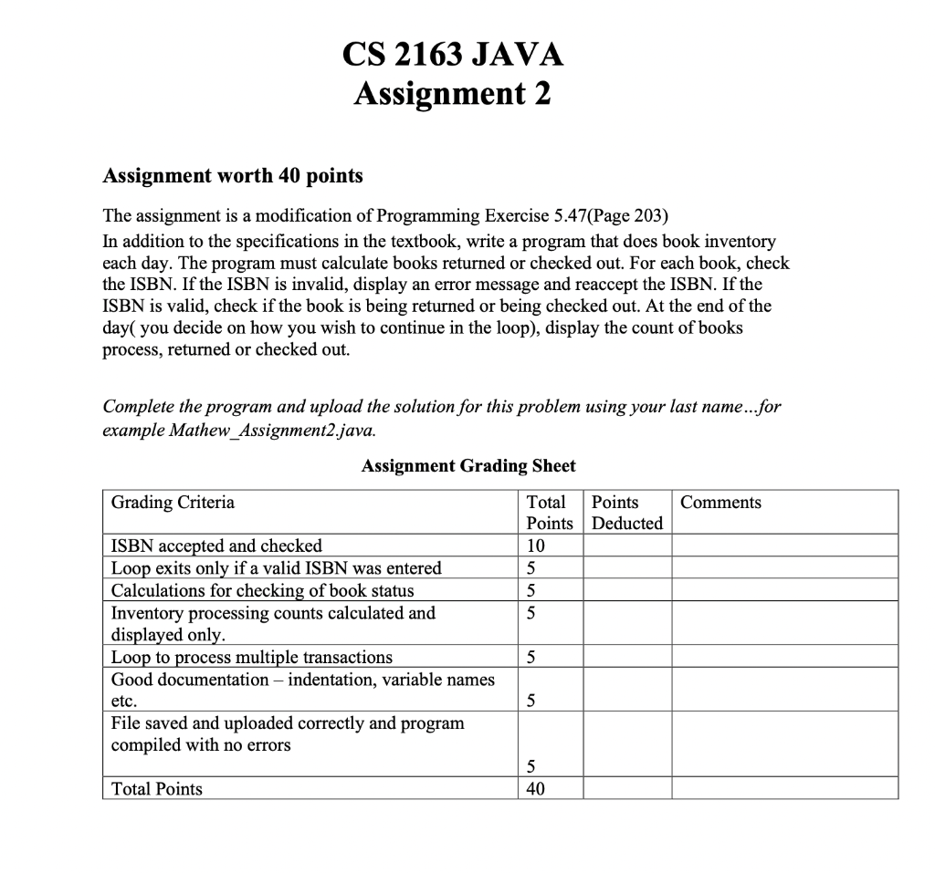 Solved CS 2163 JAVA Assignment 2 Assignment worth 40 points | Chegg.com