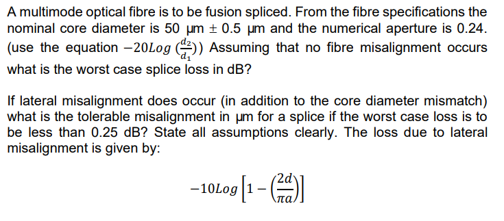 A multimode optical fibre is to be fusion spliced. | Chegg.com