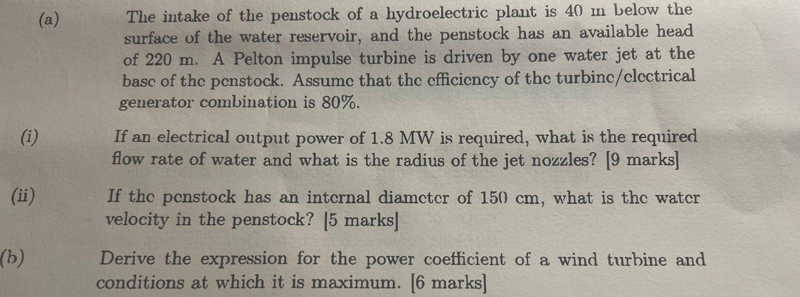 Solved (i) (ii) (a) (b) The intake of the penstock of a | Chegg.com