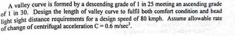 Solved A valley curve is formed by a descending grade of 1 | Chegg.com