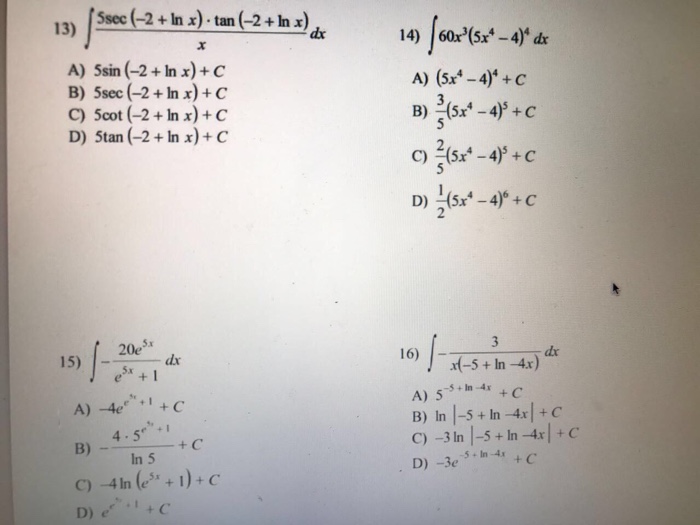 Solved integral 5 sec(-2 + ln x) middot tan (-2 + In x)/x dx | Chegg.com