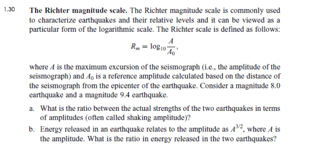 Solved 1.30 The Richter magnitude scale. The Richter | Chegg.com