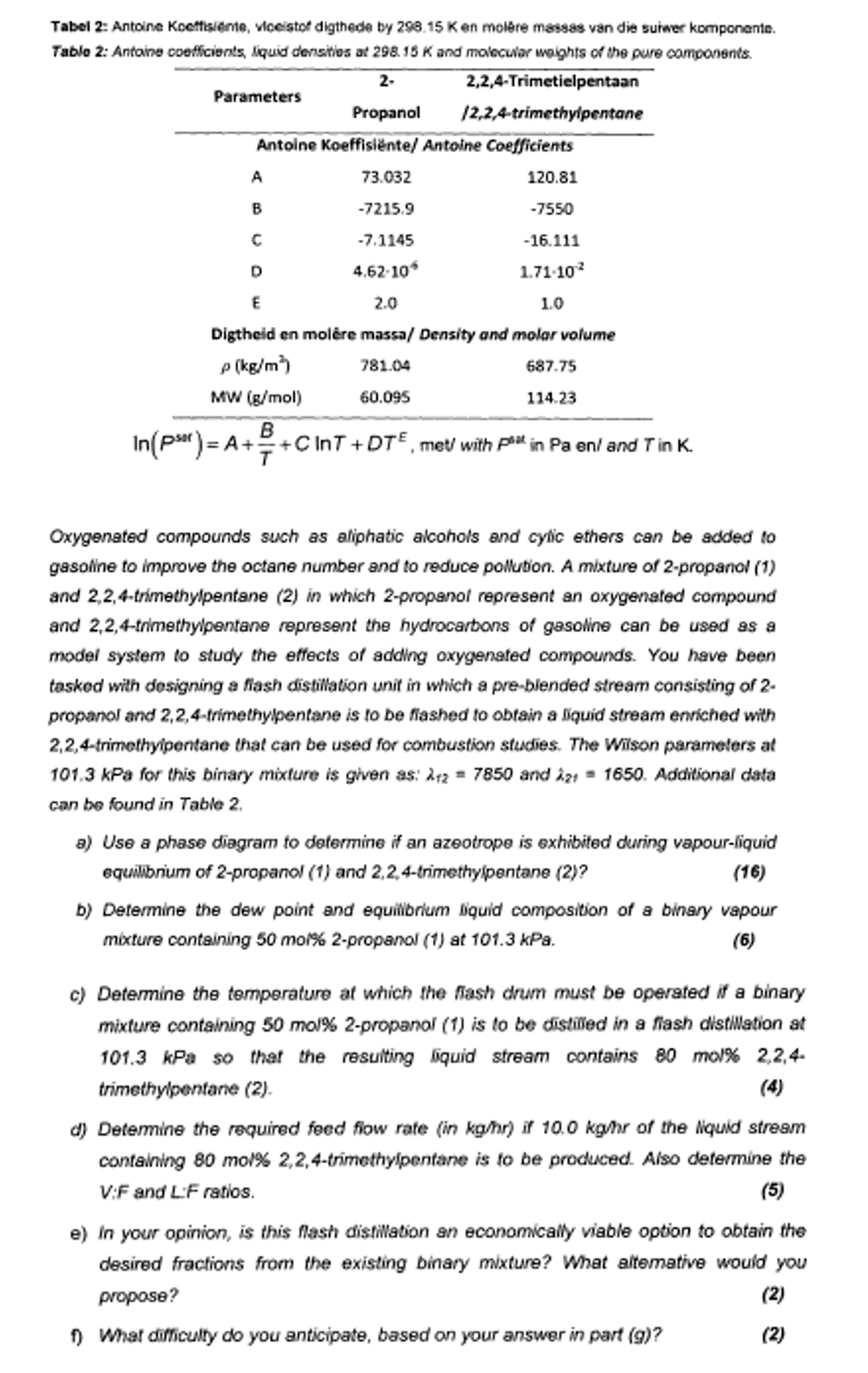 Tabel 2: Antoine Koeffisiente, ceistof digthede by | Chegg.com