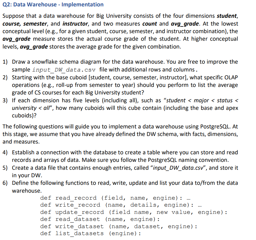 Q2: Data Warehouse - Implementation Suppose that a | Chegg.com