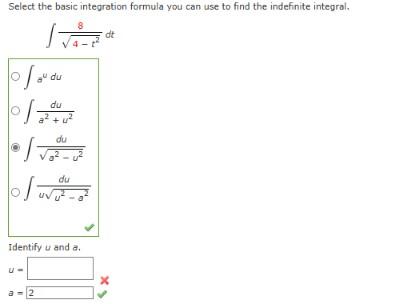 Solved ∫4−t28dt ∫audu∫a2+u2du∫a2−u2du∫uu2−a2du Identify u | Chegg.com