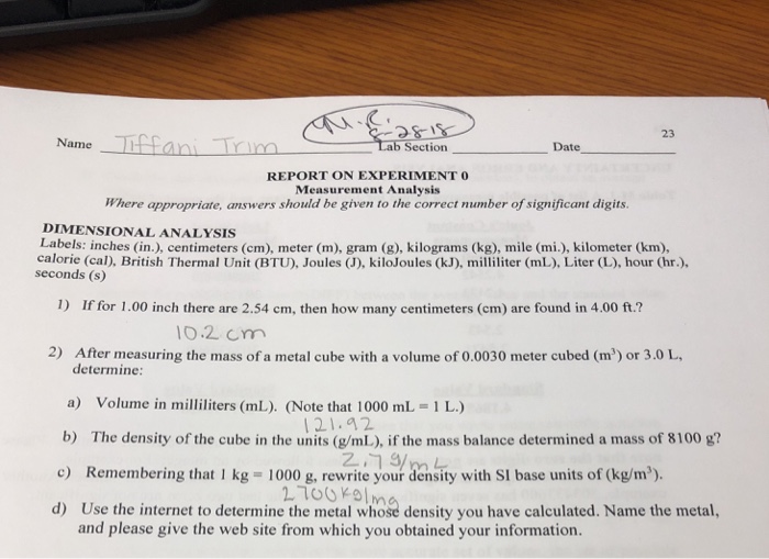 Solved 23 Name Section Date REPORT ON EXPERIMENT 0 | Chegg.com