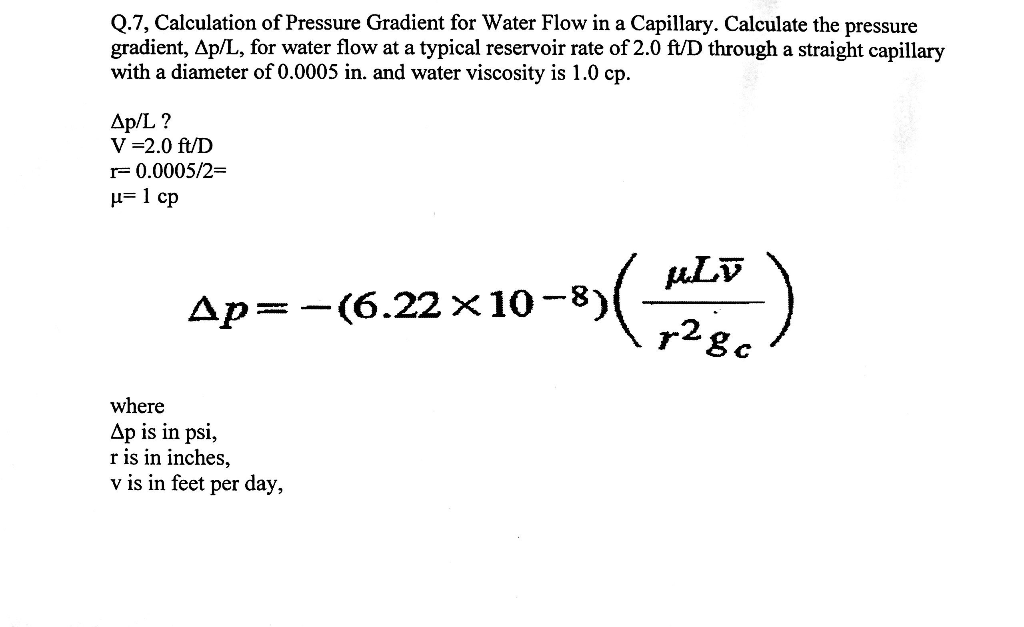 Solved Q.7, Calculation of Pressure Gradient for Water Flow | Chegg.com