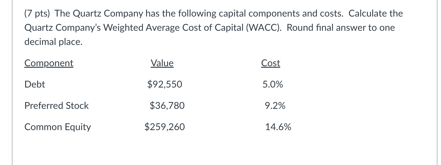 Solved (7 pts) The Quartz Company has the following capital | Chegg.com