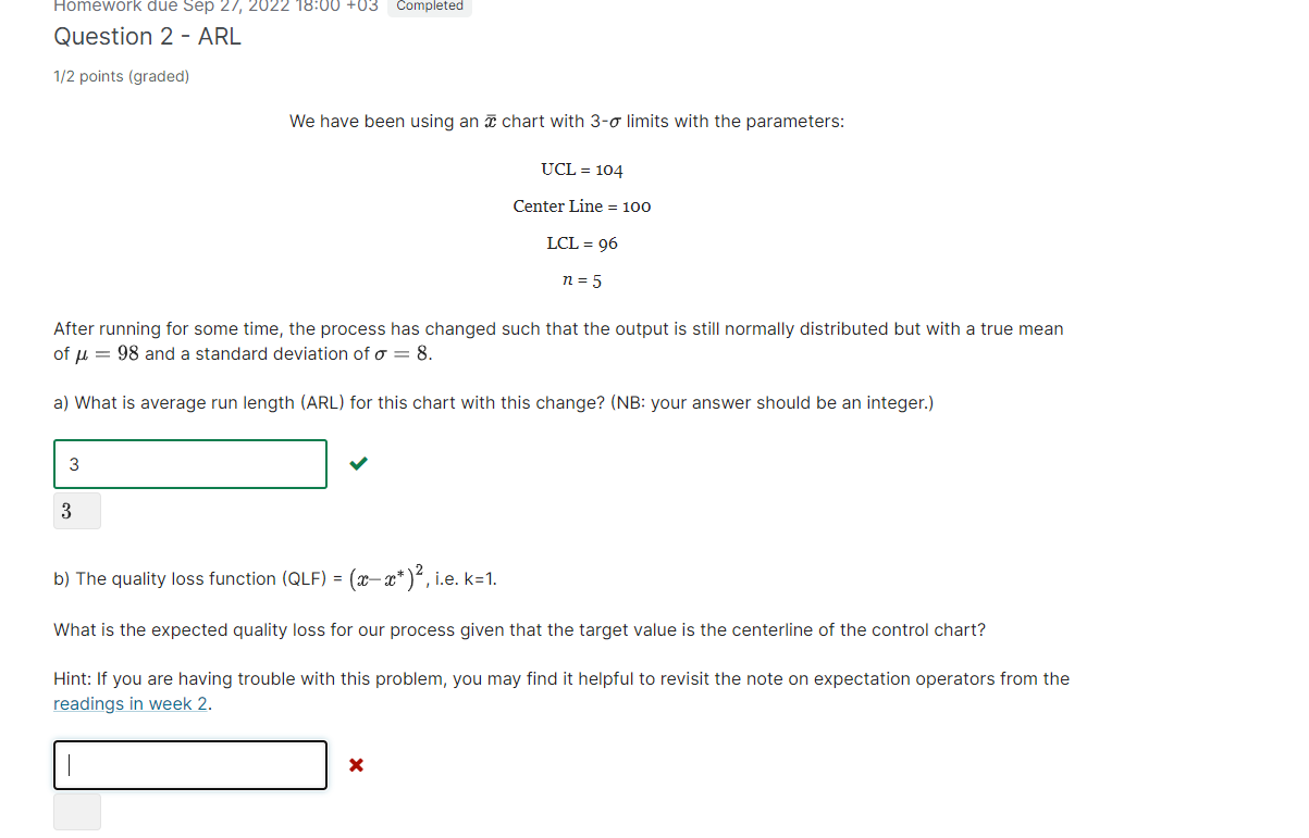 Solved 1/2 points (graded) We have been using an xˉ chart | Chegg.com