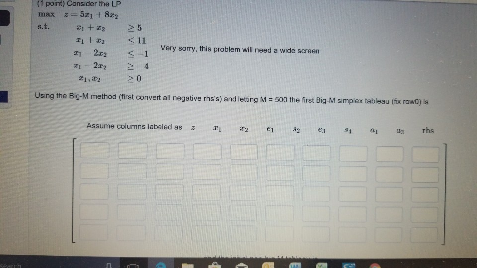 Solved (1 point) Consider the LP max z=5X1 + 8x2 s.t. rit x2 | Chegg.com