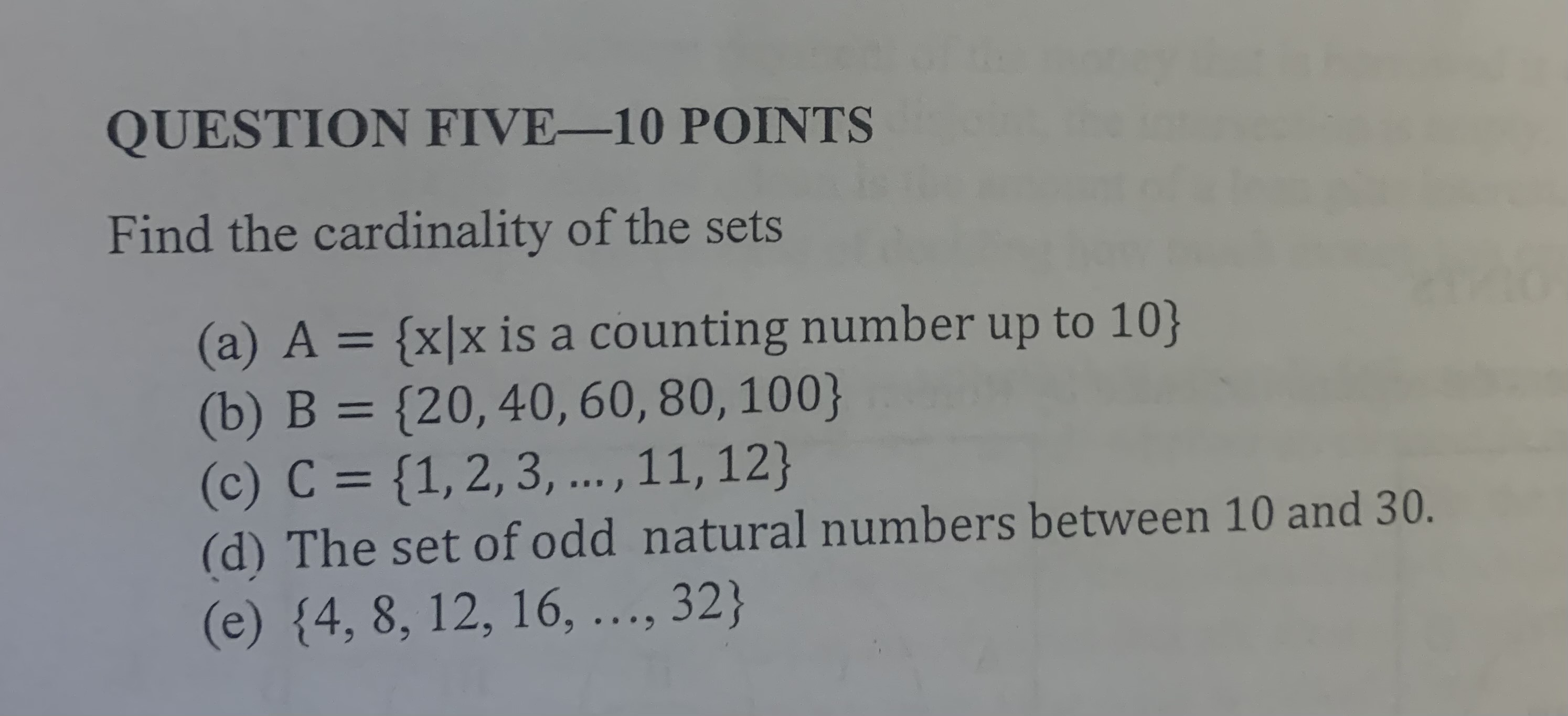 Solved QUESTION FIVE-10 POINTS Find the cardinality of the | Chegg.com