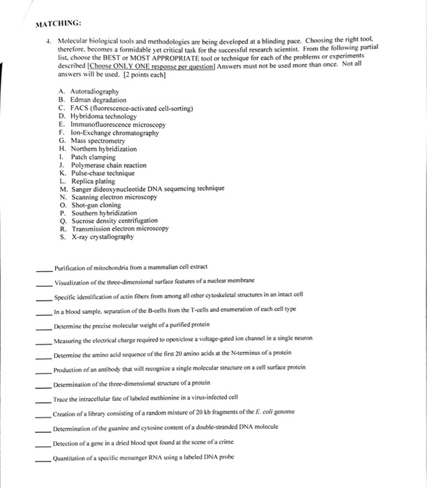 Solved Matching 4 Molecular Biological Tools And