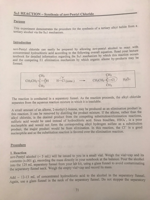 SI REACTION-Synthesis of tert-Pentyl Chloride Purpose | Chegg.com