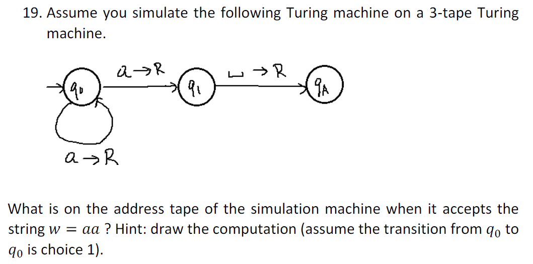 Solved 19. Assume you simulate the following Turing machine | Chegg.com