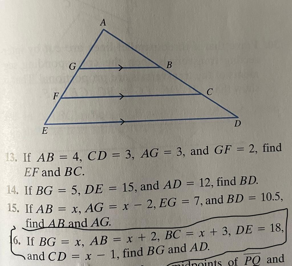 Solved if BG = x, AB = x + 2, BC = x + 3, DE = 18, and CD = | Chegg.com