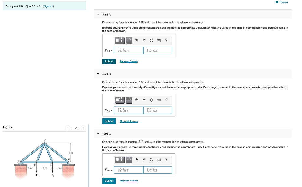 Solved II Review u Roviow Set P1 = 3 kN, P, -5.6 kN. (Figure | Chegg.com