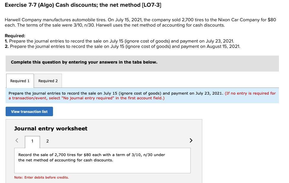 Solved Exercise 7-7 (Algo) Cash discounts; the net method | Chegg.com