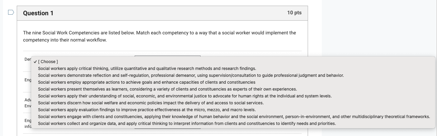 Solved The nine Social Work Competencies are listed below. | Chegg.com