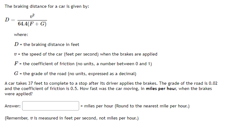 Solved The braking distance for a car is given by: v2 D | Chegg.com