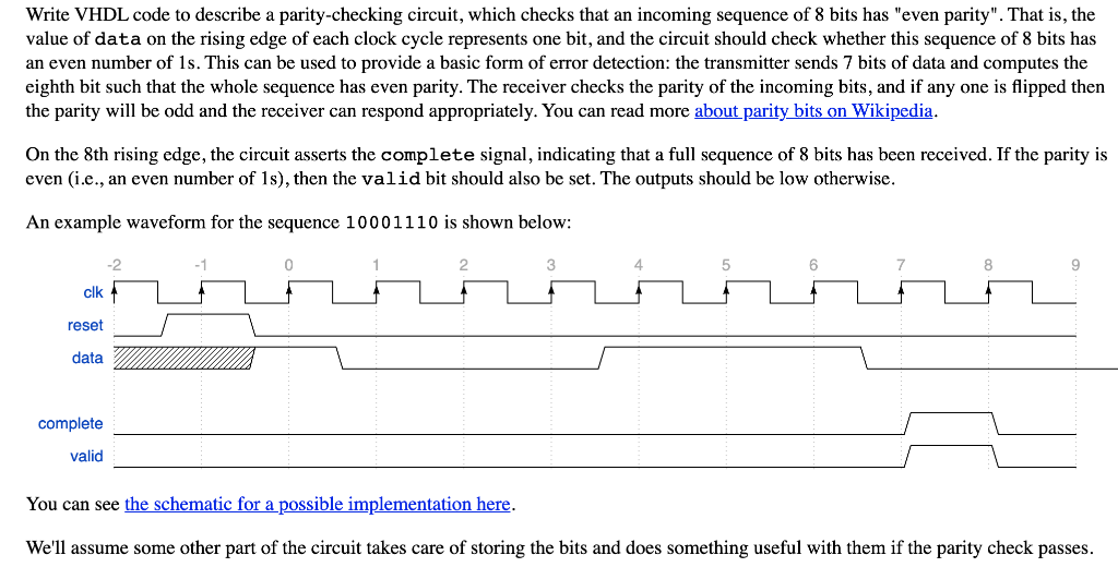 Write VHDL code to describe a parity-checking | Chegg.com