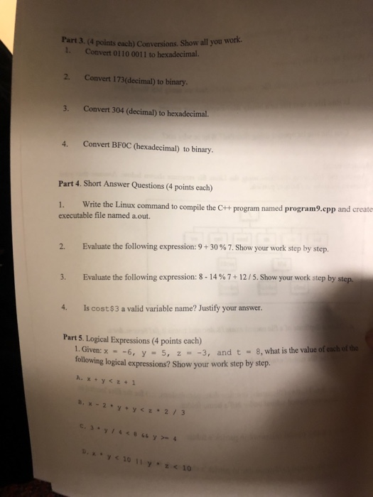 Solved Part 3. (4 points each) Conversions. Show all you | Chegg.com