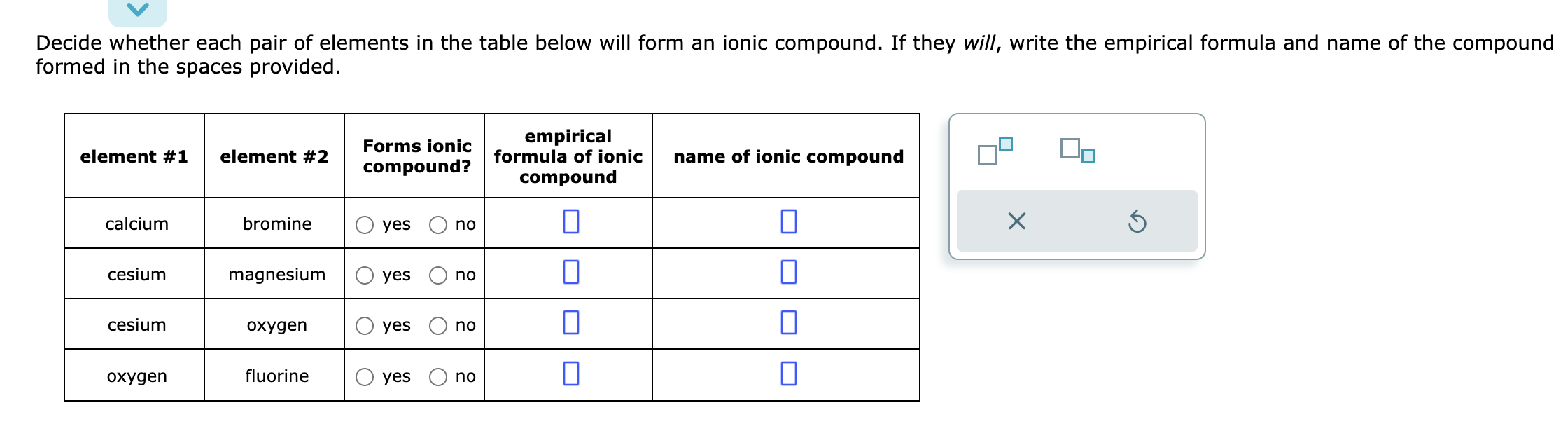 Solved Decide whether each pair of elements in the table | Chegg.com