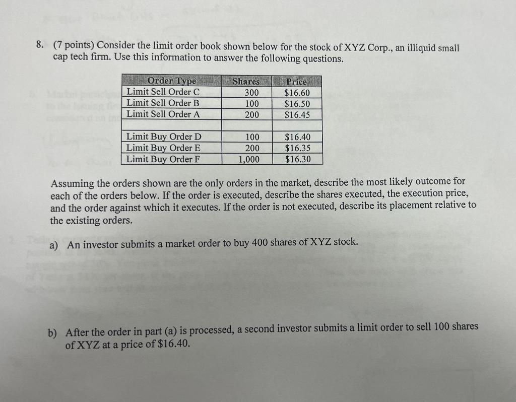 Solved 8. (7 points) Consider the limit order book shown | Chegg.com Solved 8. (7 points) Consider the limit order book shown | Chegg.com