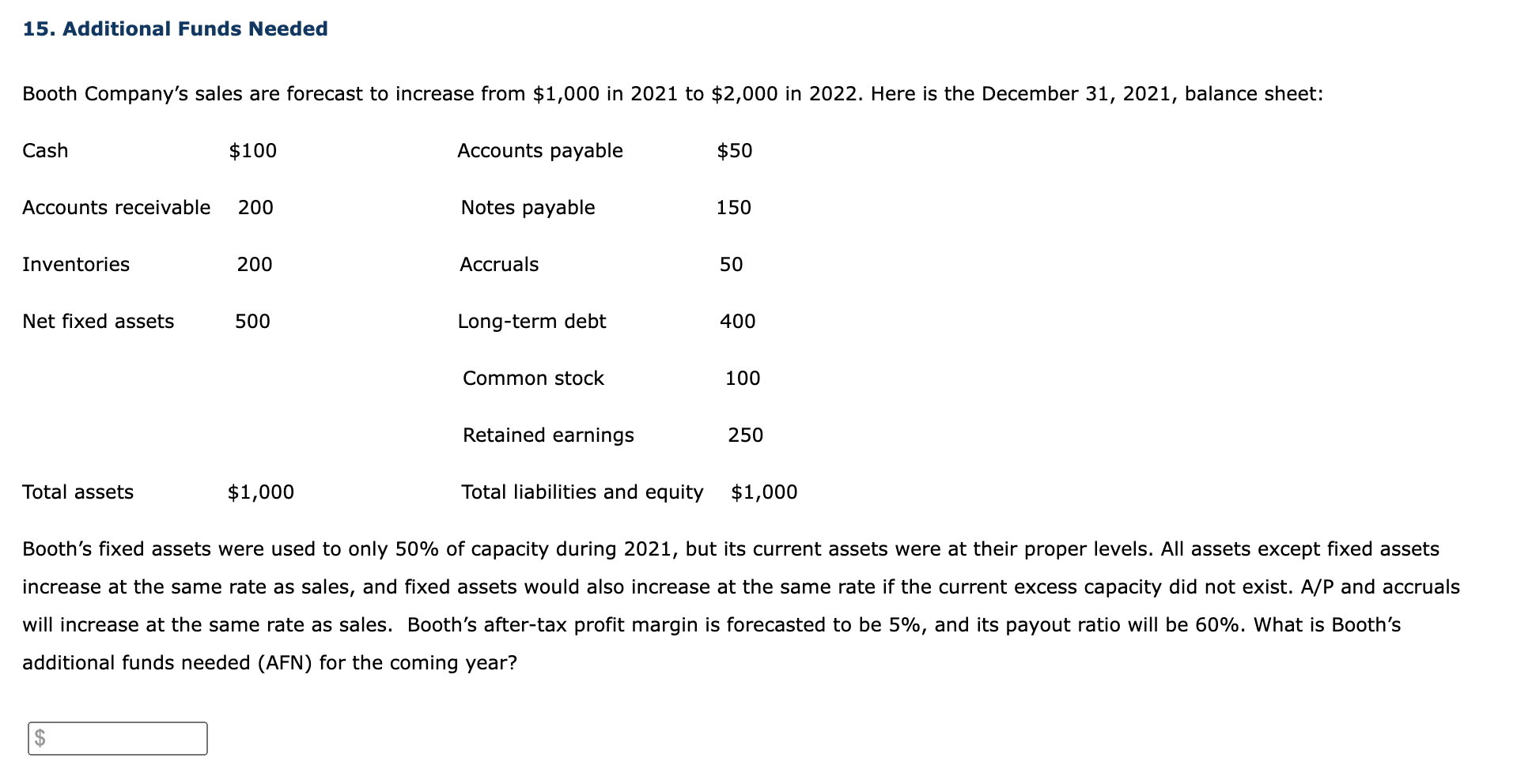 Solved 15. Additional Funds Needed Booth Company's sales are | Chegg.com
