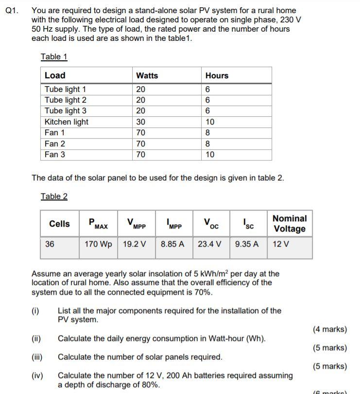 Solved Q1. You are required to design a stand-alone solar PV | Chegg.com