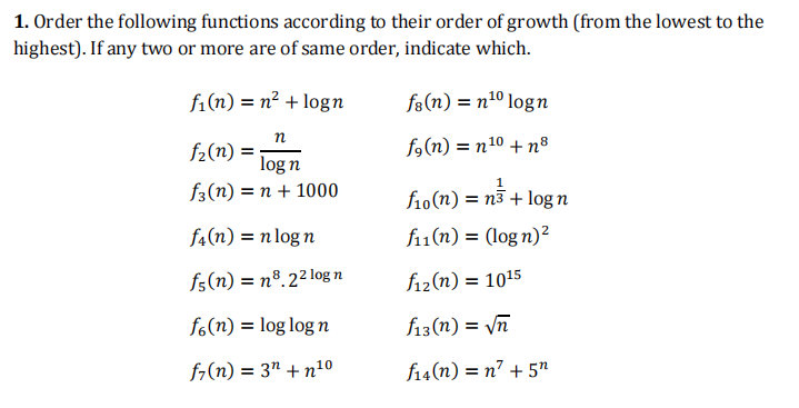 Solved 1. Order the following functions according to their | Chegg.com