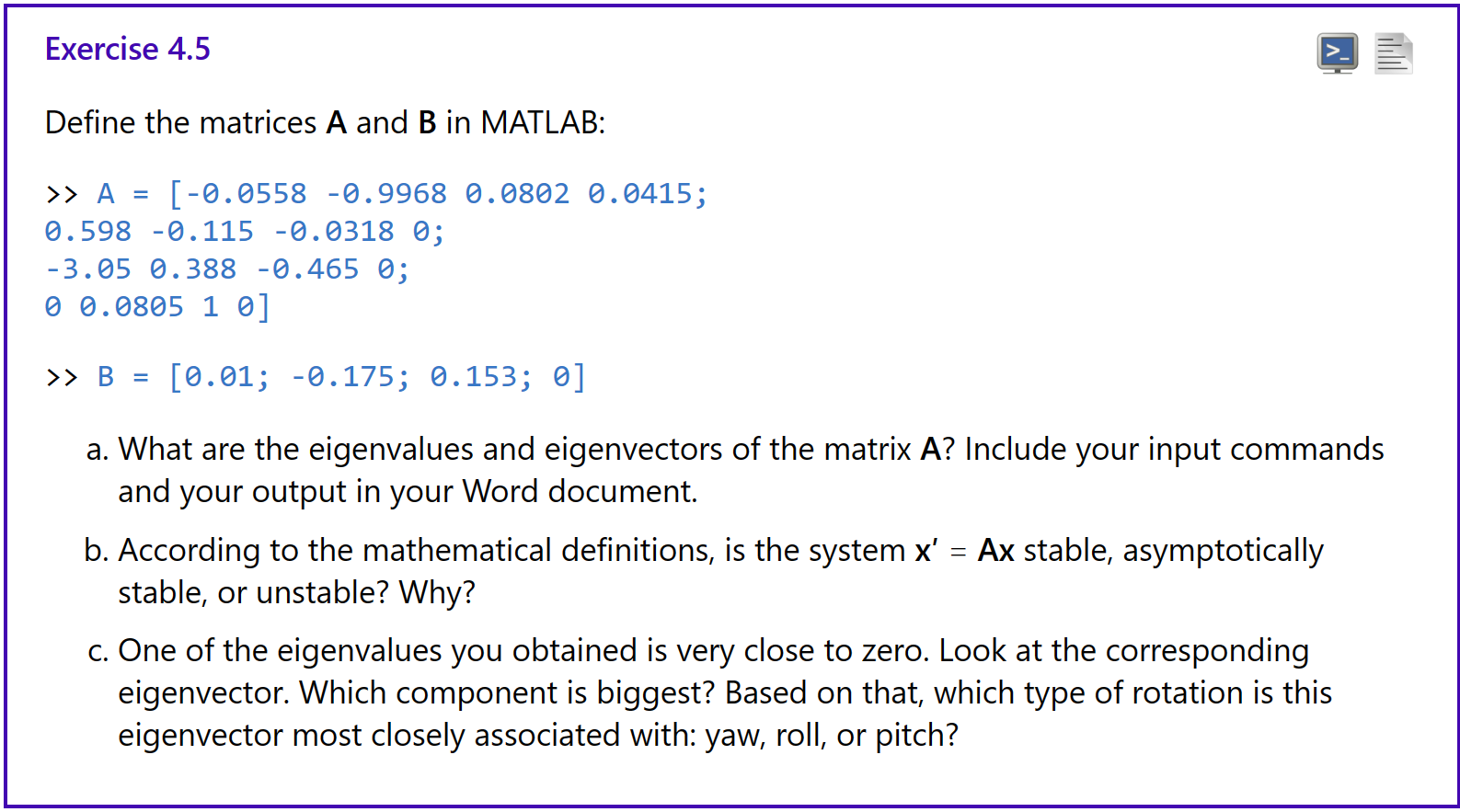 Solved Exercise 45 Define The Matrices A And B In Matlab 