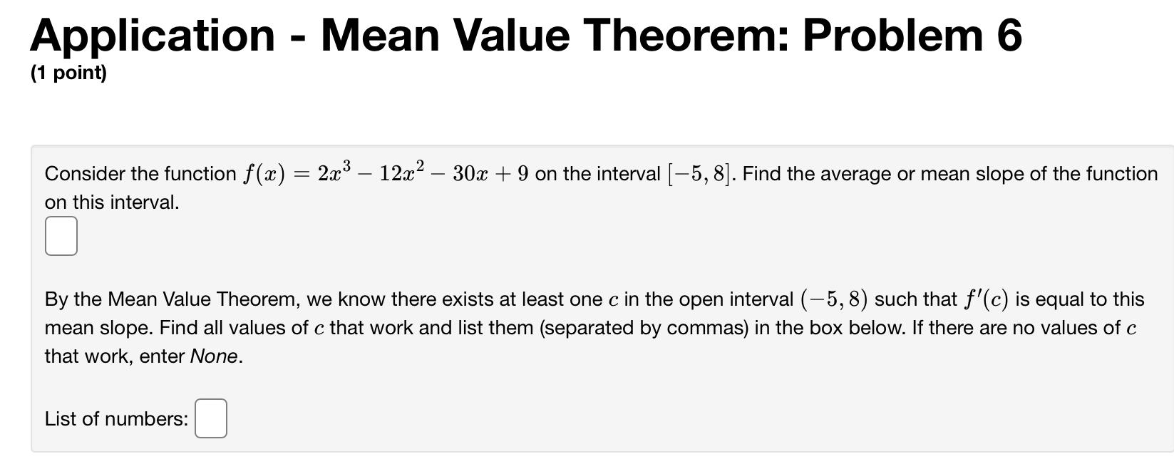 Solved Application - Mean Value Theorem: Problem 6 (1 point) | Chegg.com