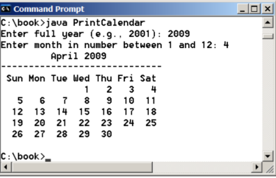Solved ex Command Prompt C: \book > jaua PrintCalendar Enter | Chegg.com